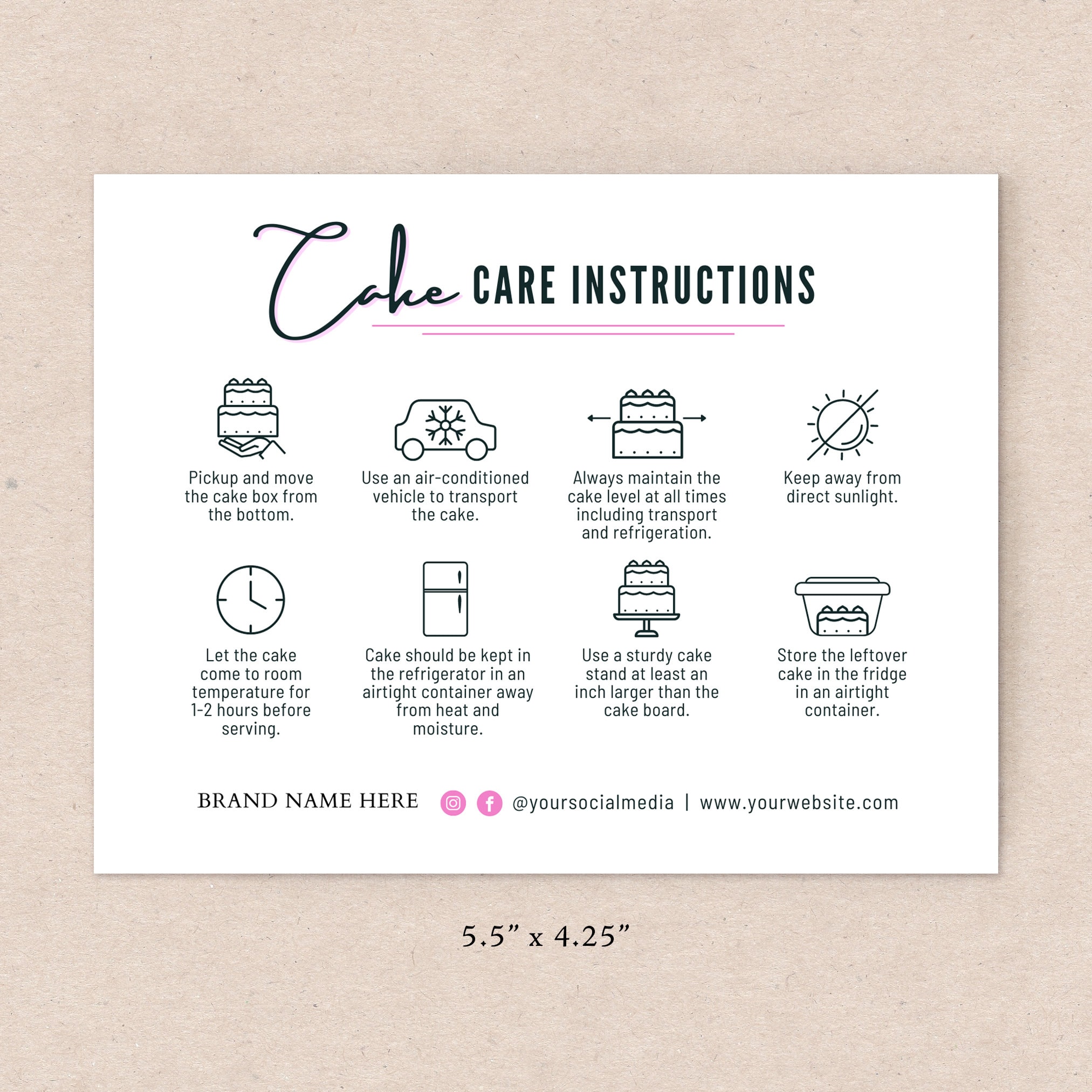 Cake Care Card Template | Editable Cake Cutting Guide Cards | Bakery ...