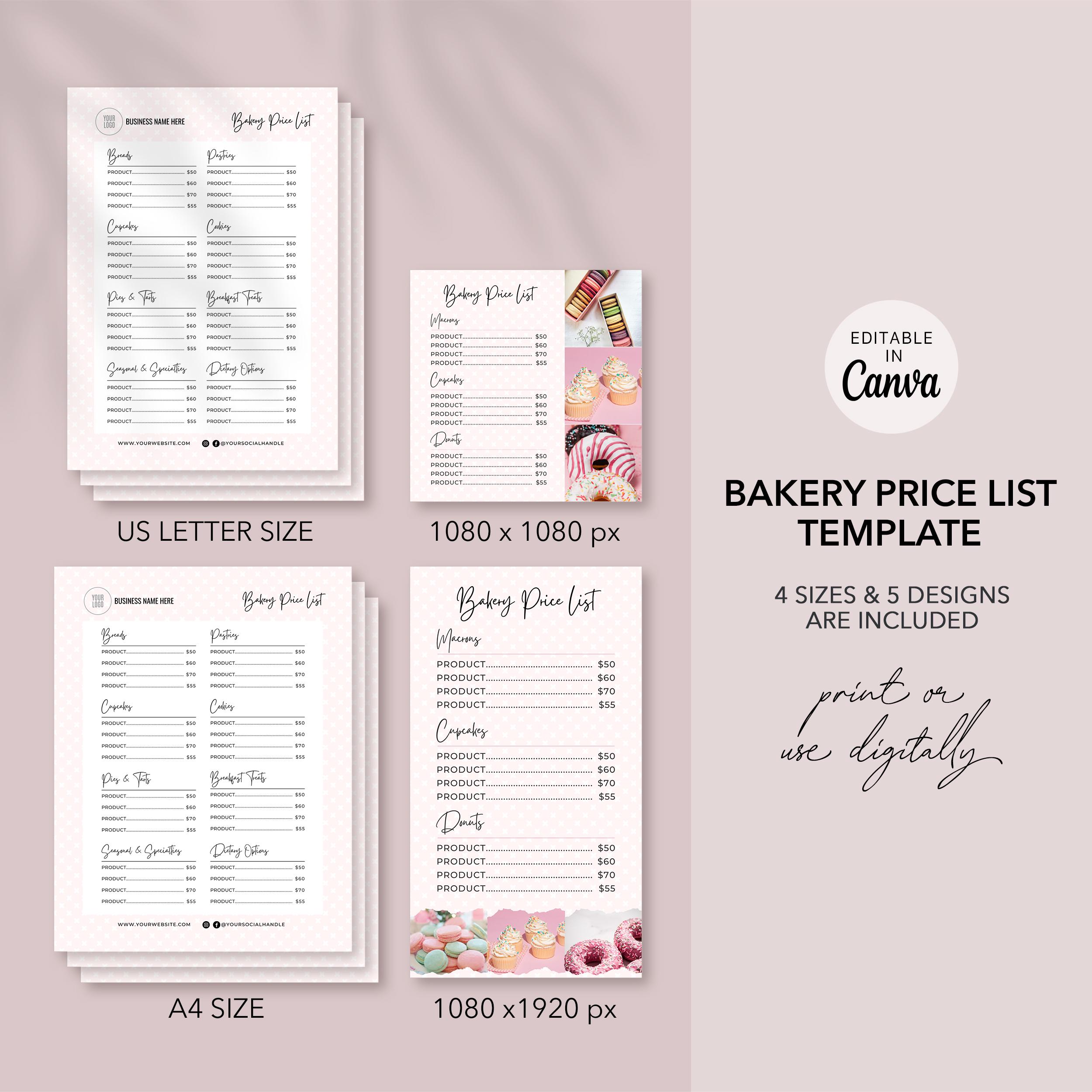 Bakery Price List Template | Editable Menu for Bakery | Digital ...