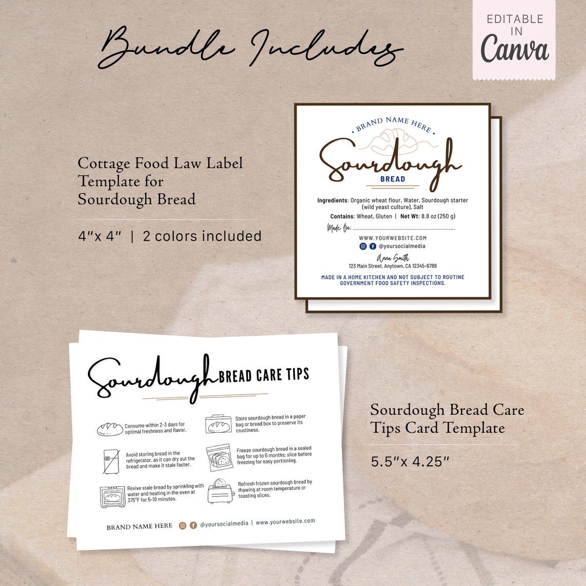 Sourdough Bread Cottage Food Label Sourdough Bread Care Card Home Baked ...