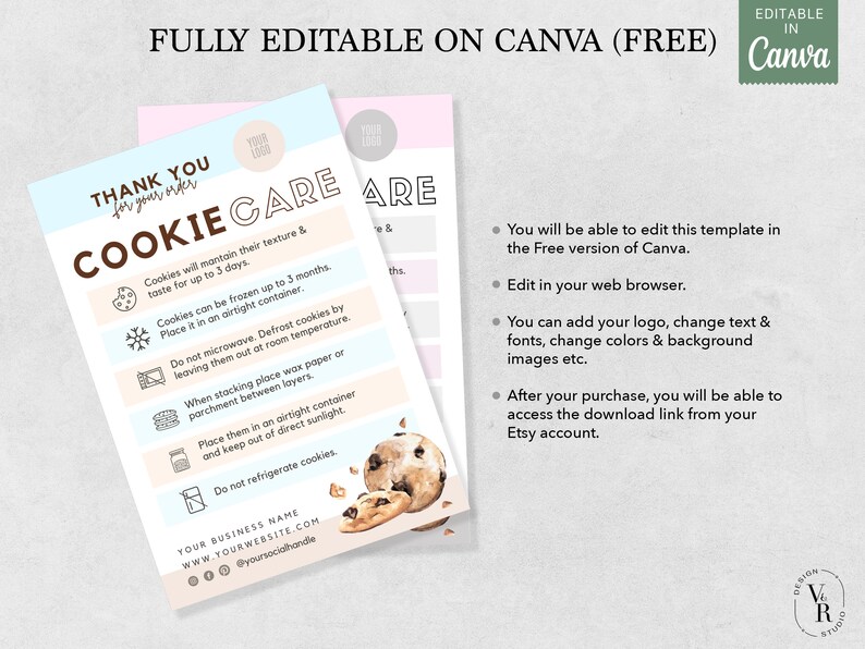 Cookie Care Card Template Bakery Care Guide Printable Care - Etsy