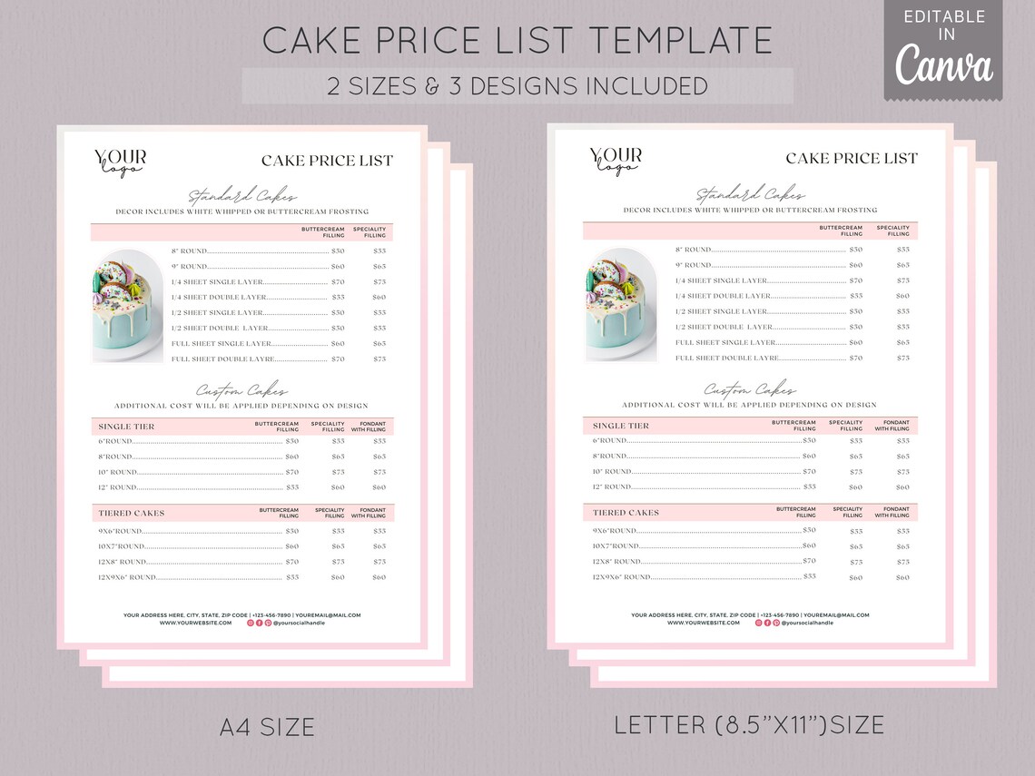 Custom Menu Price Guide Cake Price List Bakery Menu Bakery Template ...