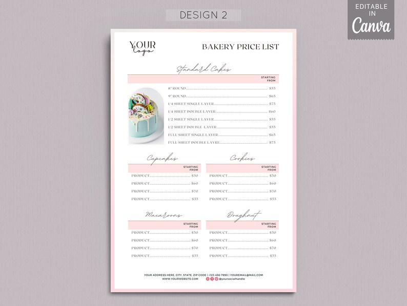 Custom Menu Price Guide Cake Price List Bakery Menu Bakery Template ...