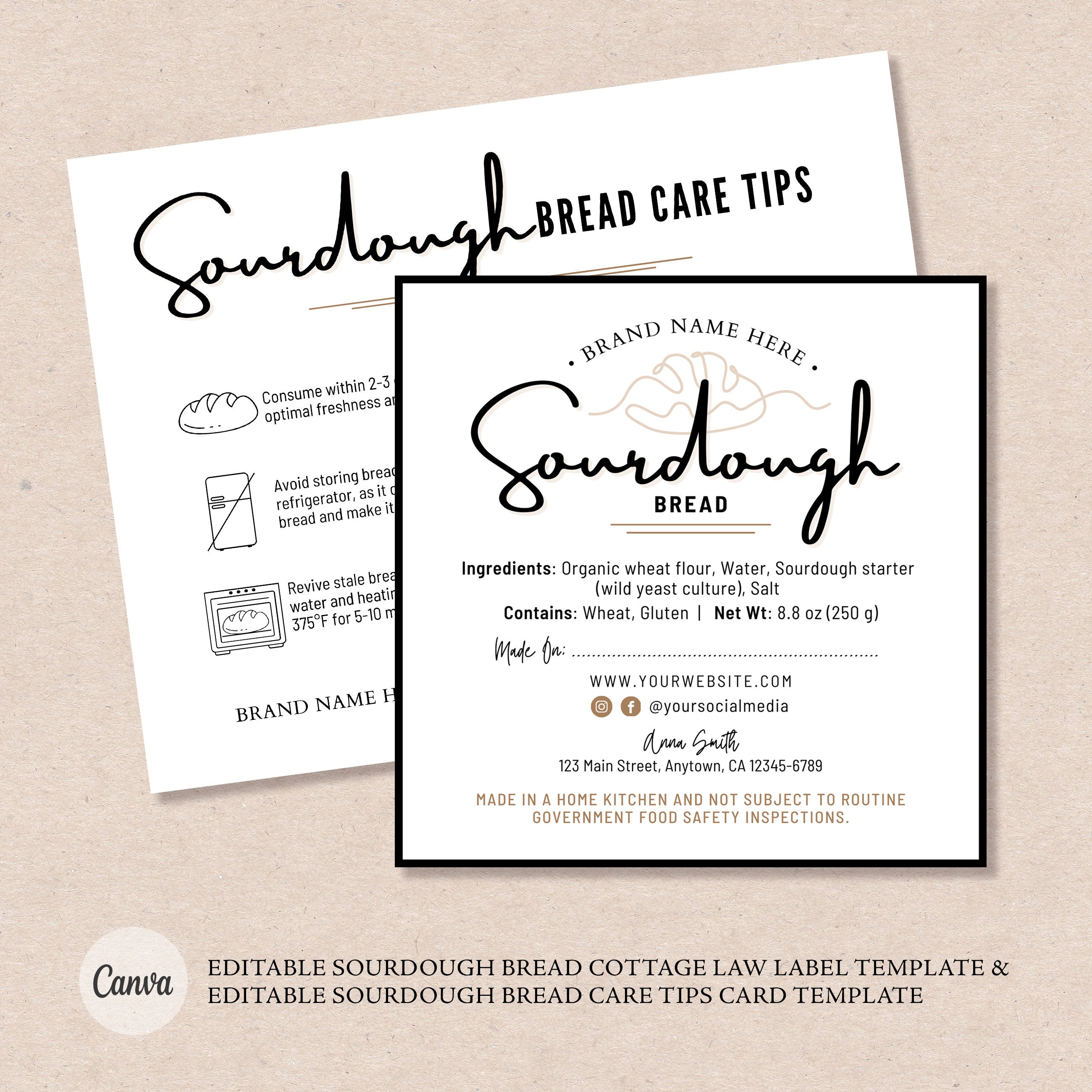 Sourdough Bread Cottage Food Label | Sourdough Bread Care Card | Home ...