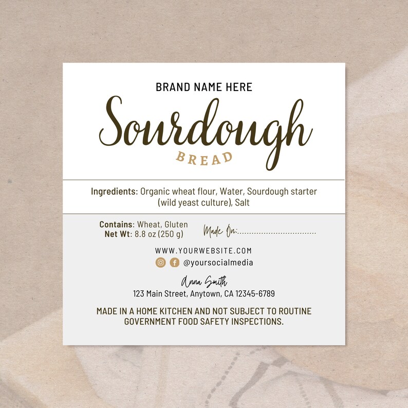 Sourdough Bread Cottage Food Label | Home Baked Goods Label | Printable ...