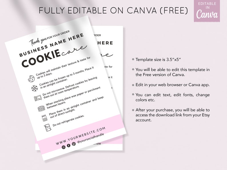 Editable Cookie Care Card Canva Template Instant Download Package ...
