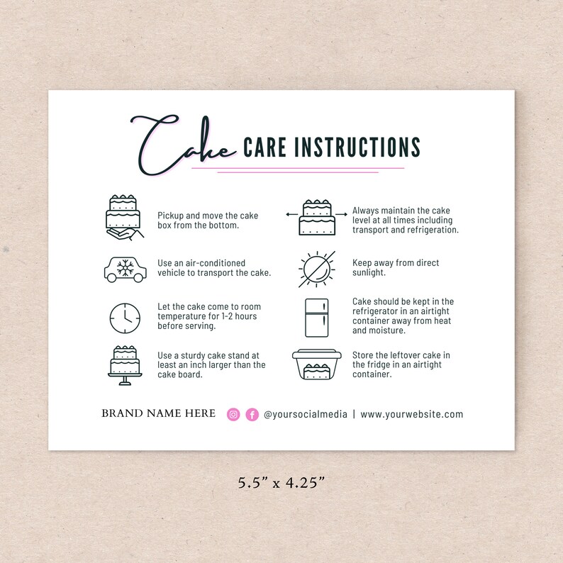 Cake Care Card Template | Editable Cake Cutting Guide Cards | Bakery ...