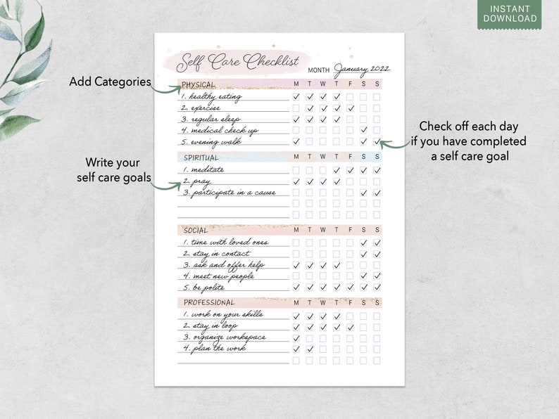 Self Care Planner Self Care Checklist Printable Therapy - Etsy