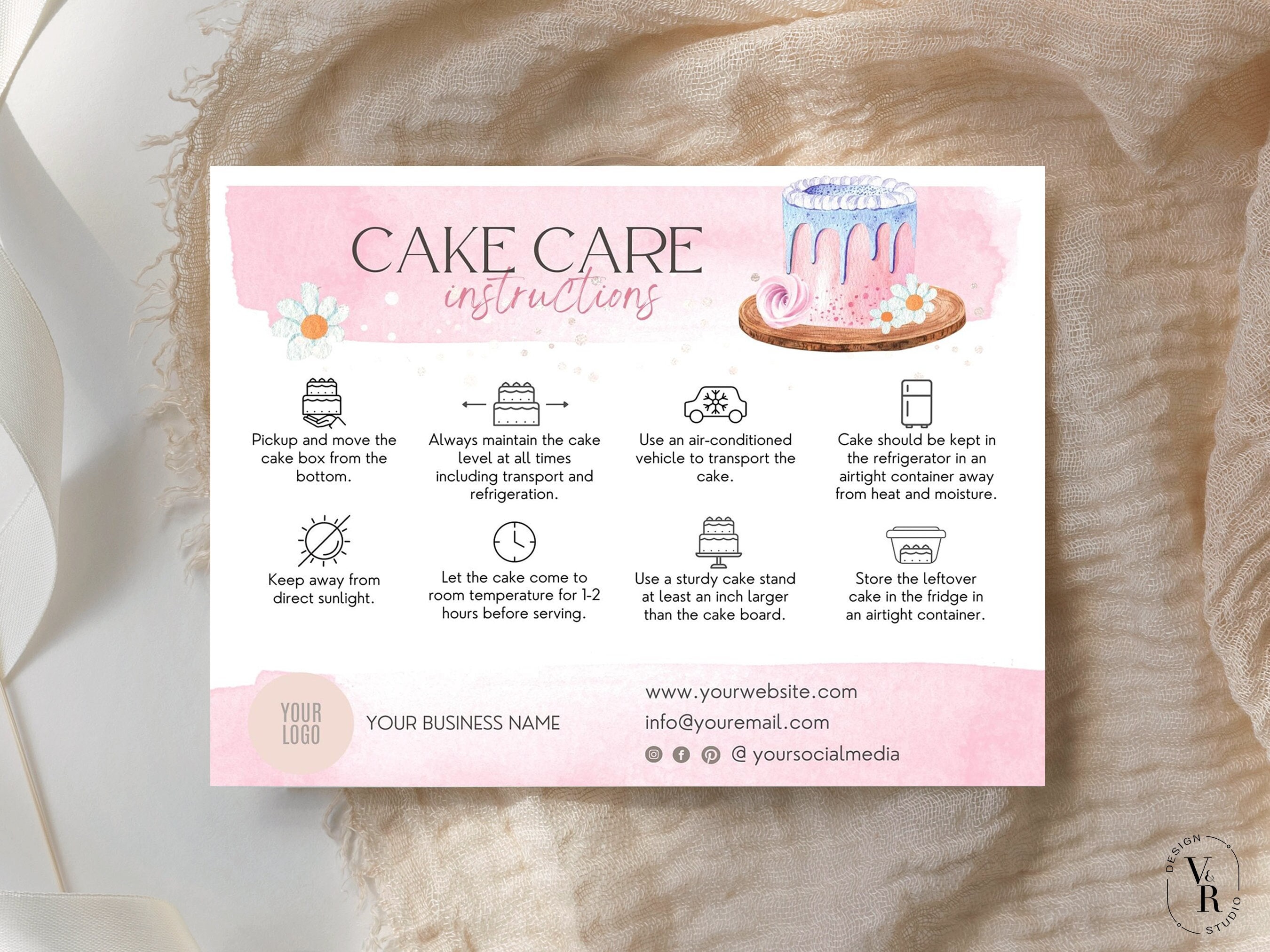 Cake Care Card Template | Care Instructions | Pink Watercolor Wedding ...