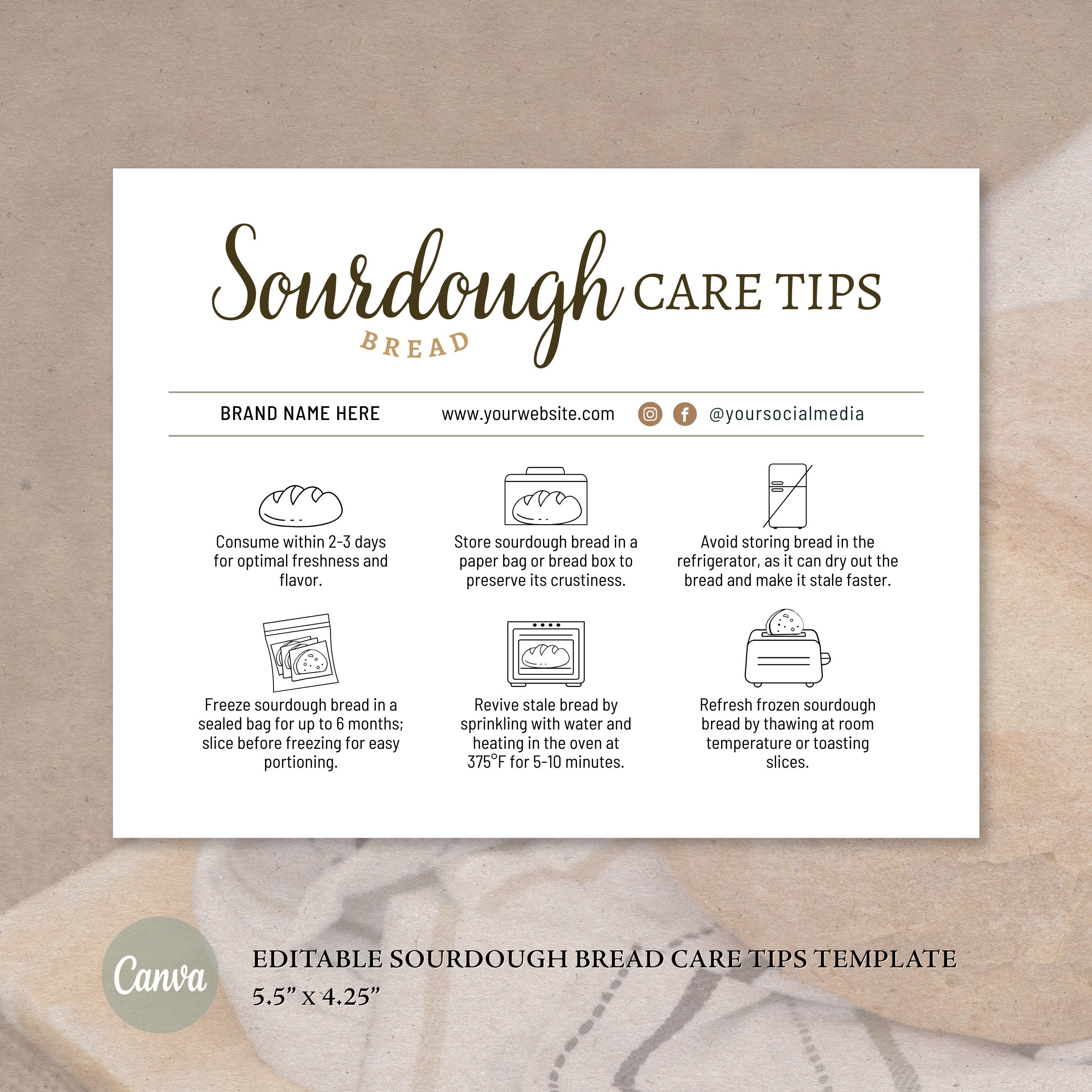 Sourdough Care Card Bread Care Card Template Canva Template Instant ...