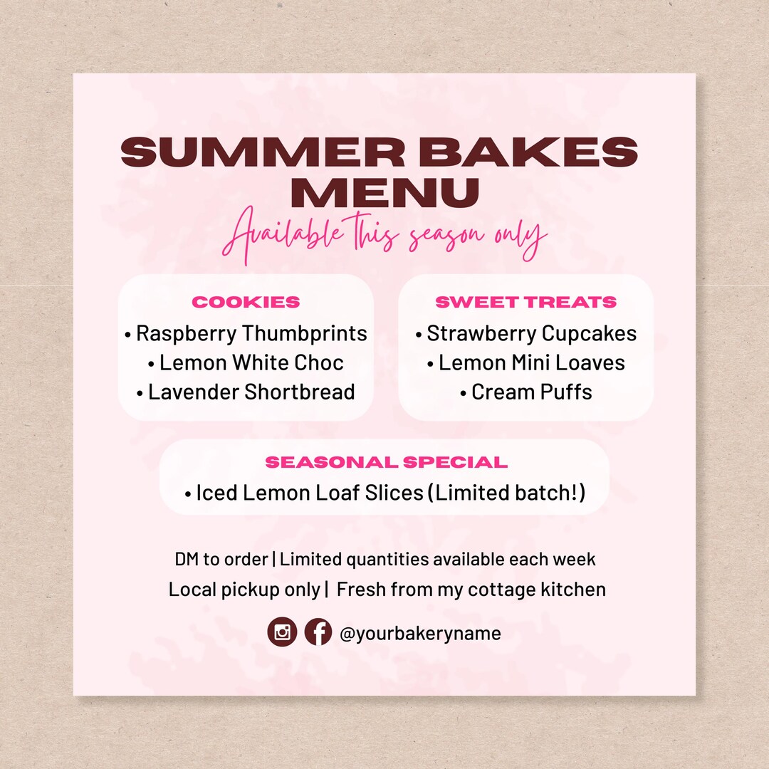 Bakery Menu Template for Summer | Canva Editable Social Media Post ...