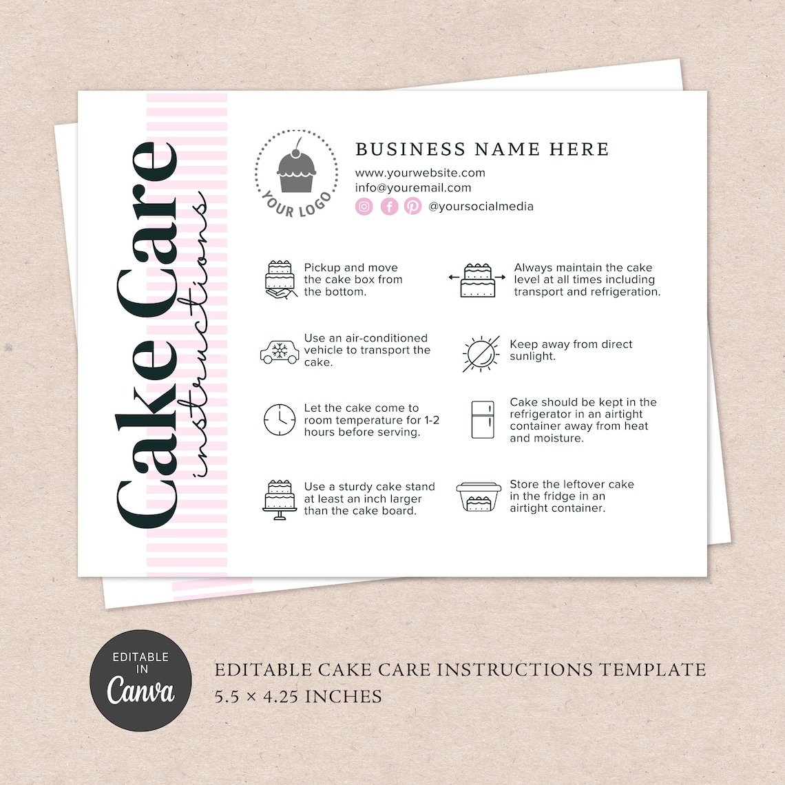 Cake Care Card Template | Bakery Packaging Inserts | Care Instructions ...