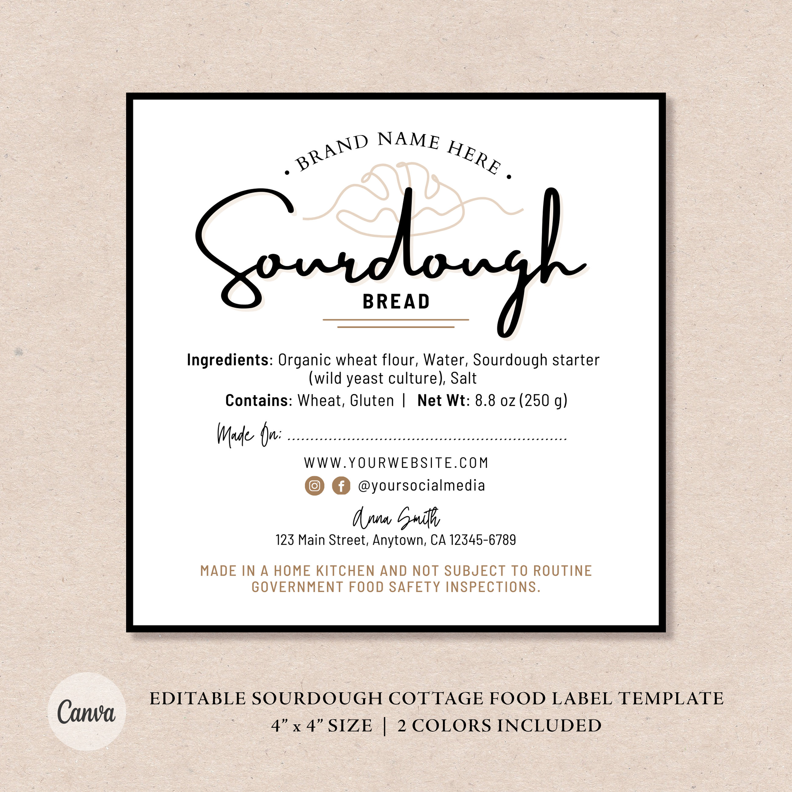 Sourdough Bread Cottage Food Label | Home Baked Goods Label | Printable ...