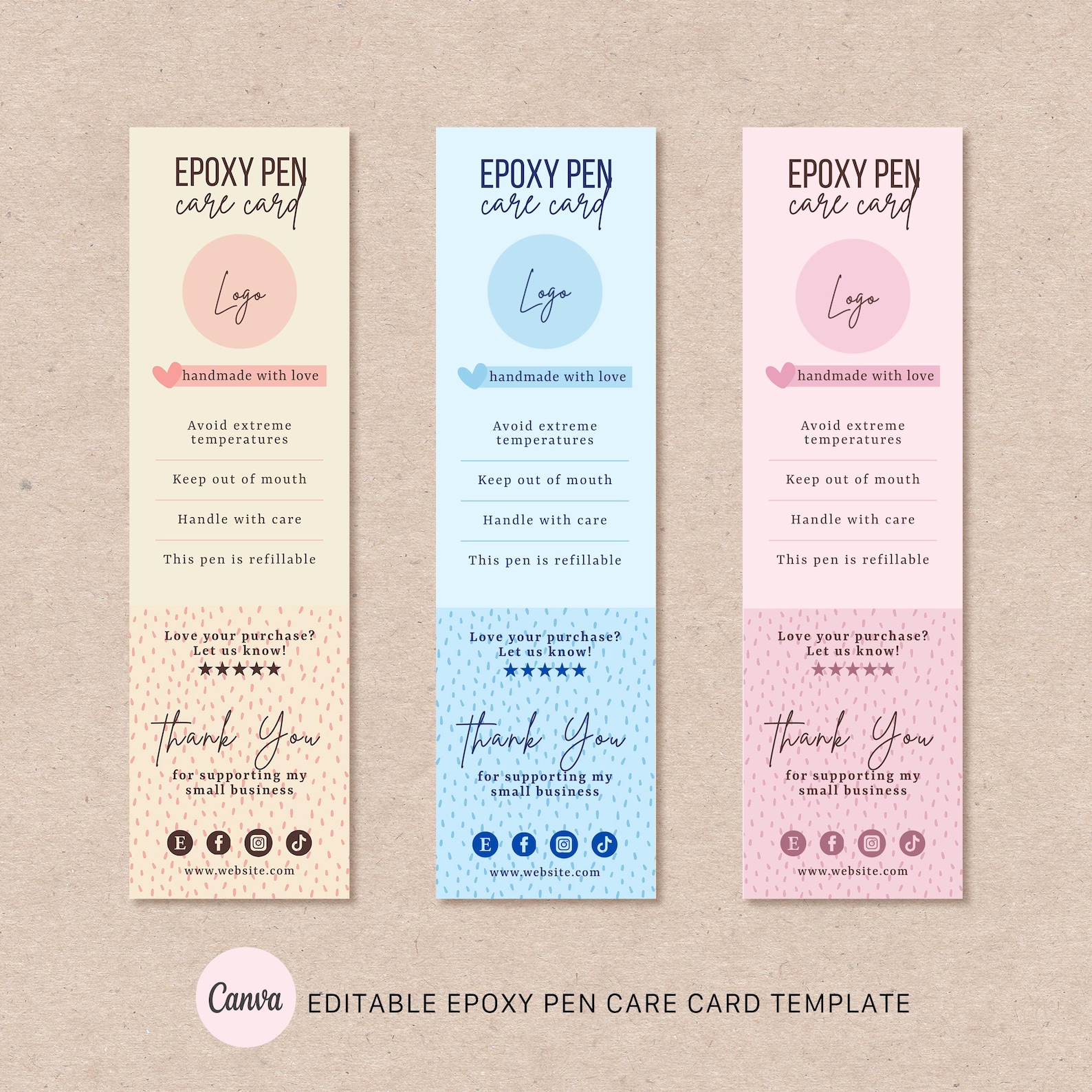 Editable Epoxy Pen Care Card Template | Small Business Care Card | Pen ...
