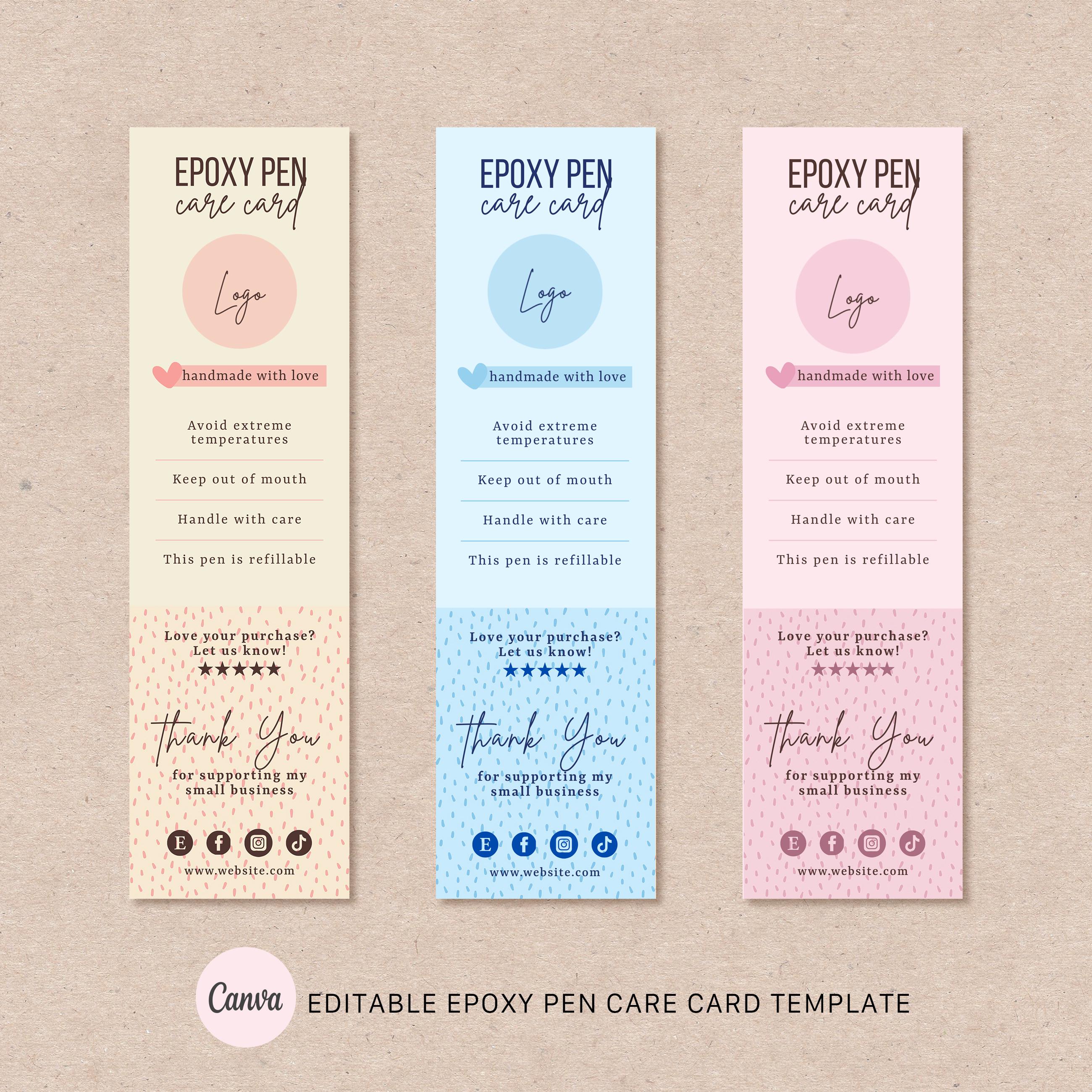 Editable Epoxy Pen Care Card Template | Small Business Care Card | Pen ...