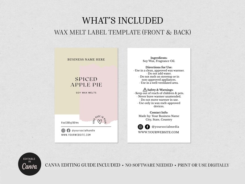 Wax Melt Clamshell Label Template, Editable Front and Back Labels, 2x3 ...