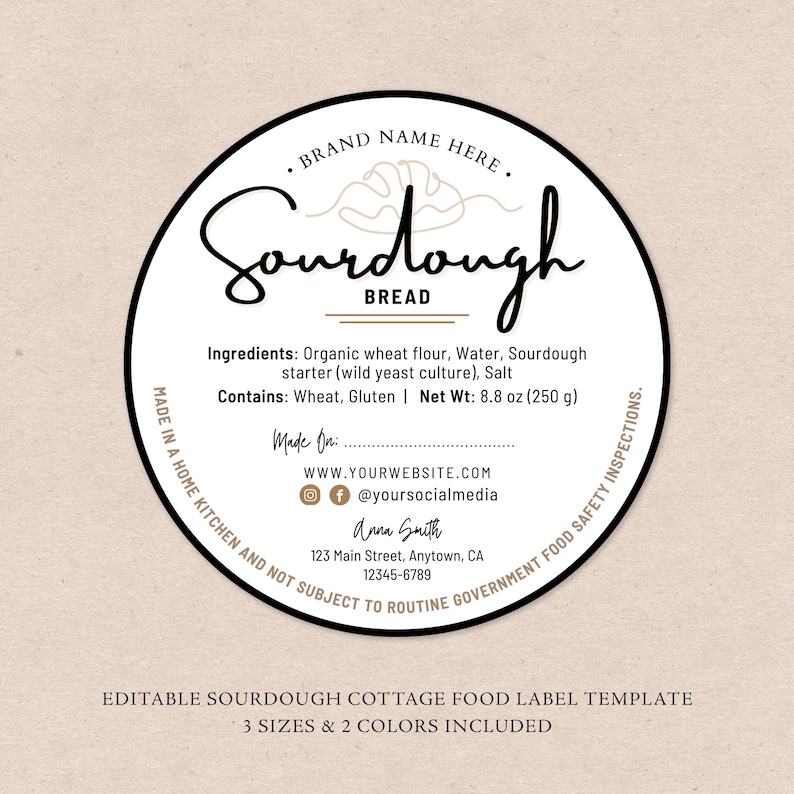 Sourdough Bread Cottage Food Label Home Baked Goods Label Printable ...