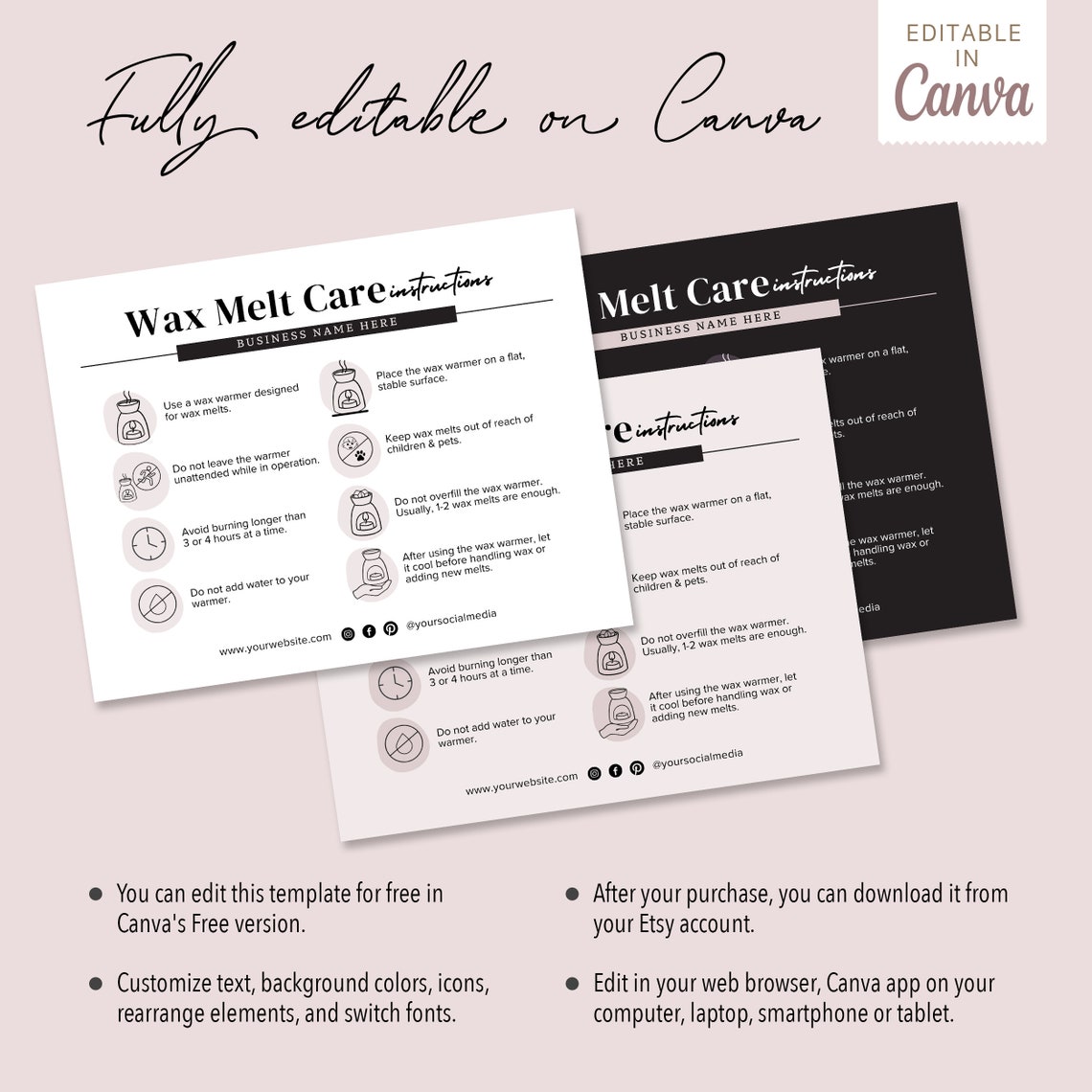 Wax Melts Care Card Editable Template | Wax Melt Business Inserts | Wax ...