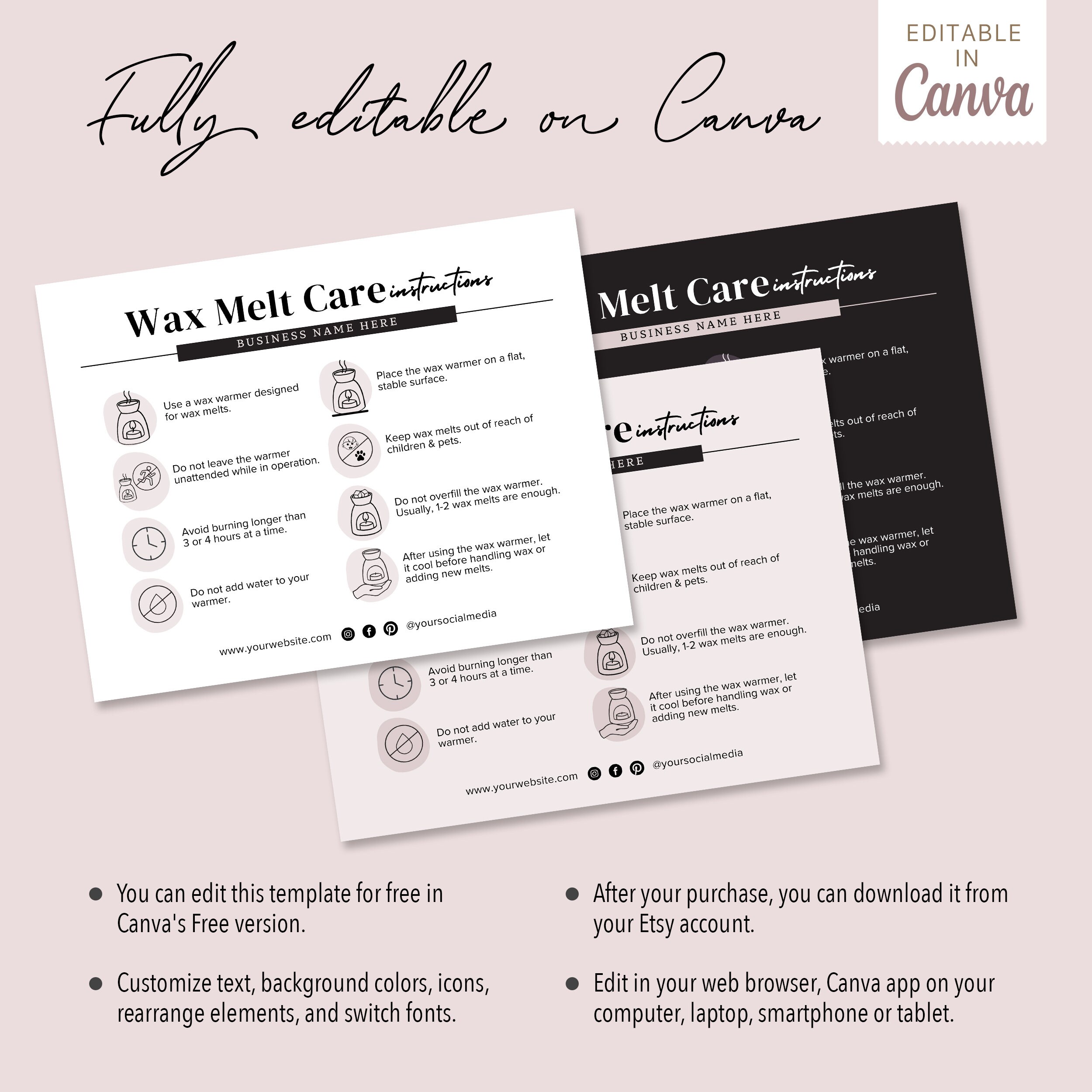 Wax Melts Care Card Editable Template | Wax Melt Business Inserts | Wax ...