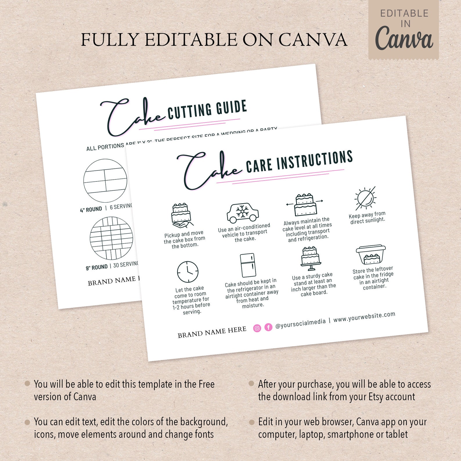 Cake Care Card Template | Editable Cake Cutting Guide Cards | Bakery ...
