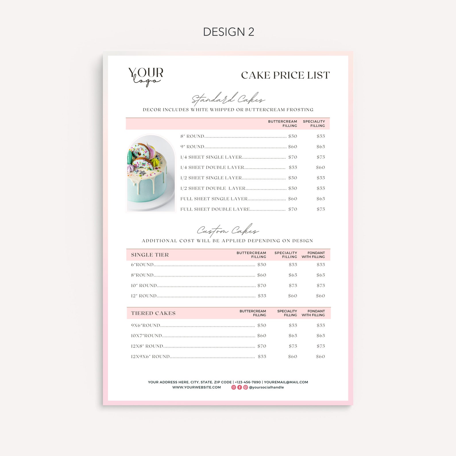 Custom Menu | Price Guide | Cake Price List | Bakery Menu | Bakery ...