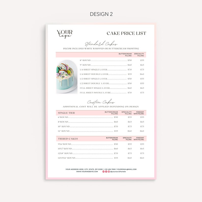 Custom Menu | Price Guide | Cake Price List | Bakery Menu | Bakery ...