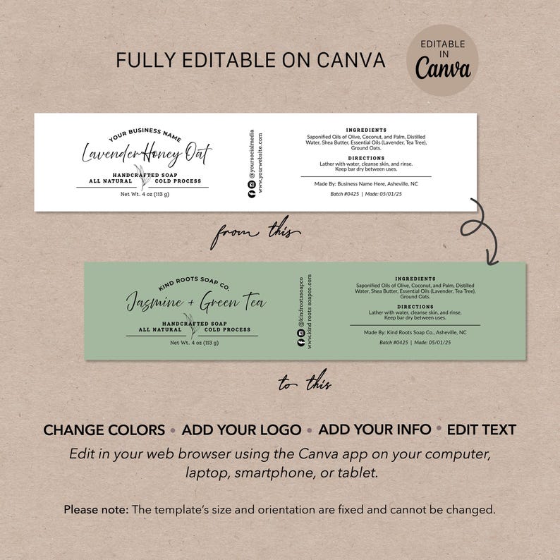Editable Soap Label Template for Canva, Custom Wrap Around Labels for ...