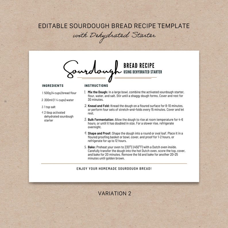 Sourdough Bread Recipe Card Template | Printable Baking Guide ...