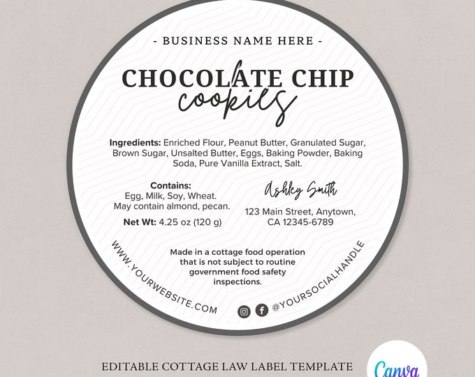 Cottage Law Label Template CANVA Editable, 3 SIZES Bakery Food License ...