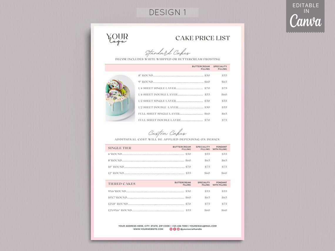 Custom Menu Price Guide Cake Price List Bakery Menu Bakery Template ...