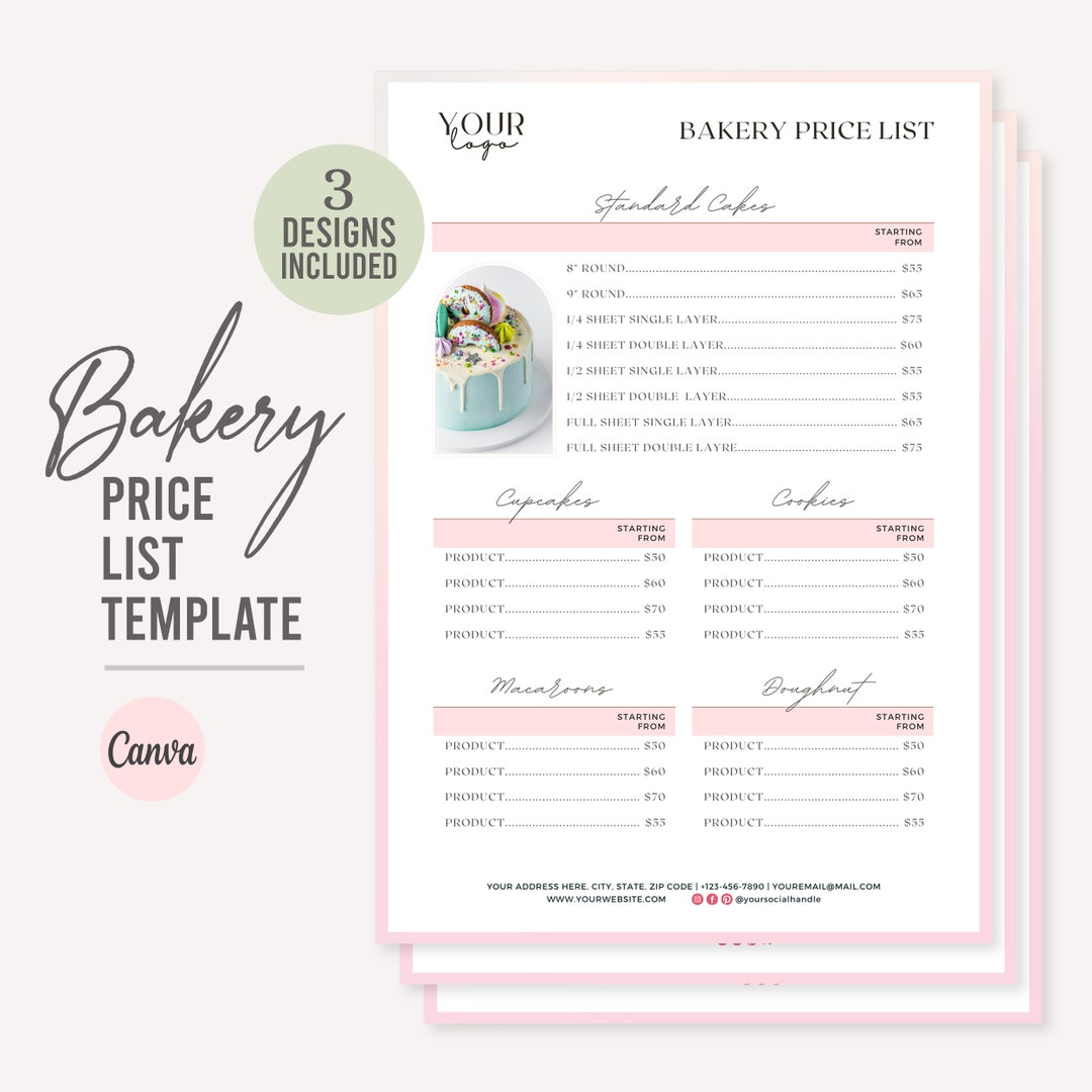 Custom Menu | Price Guide | Cake Price List | Bakery Menu | Bakery ...