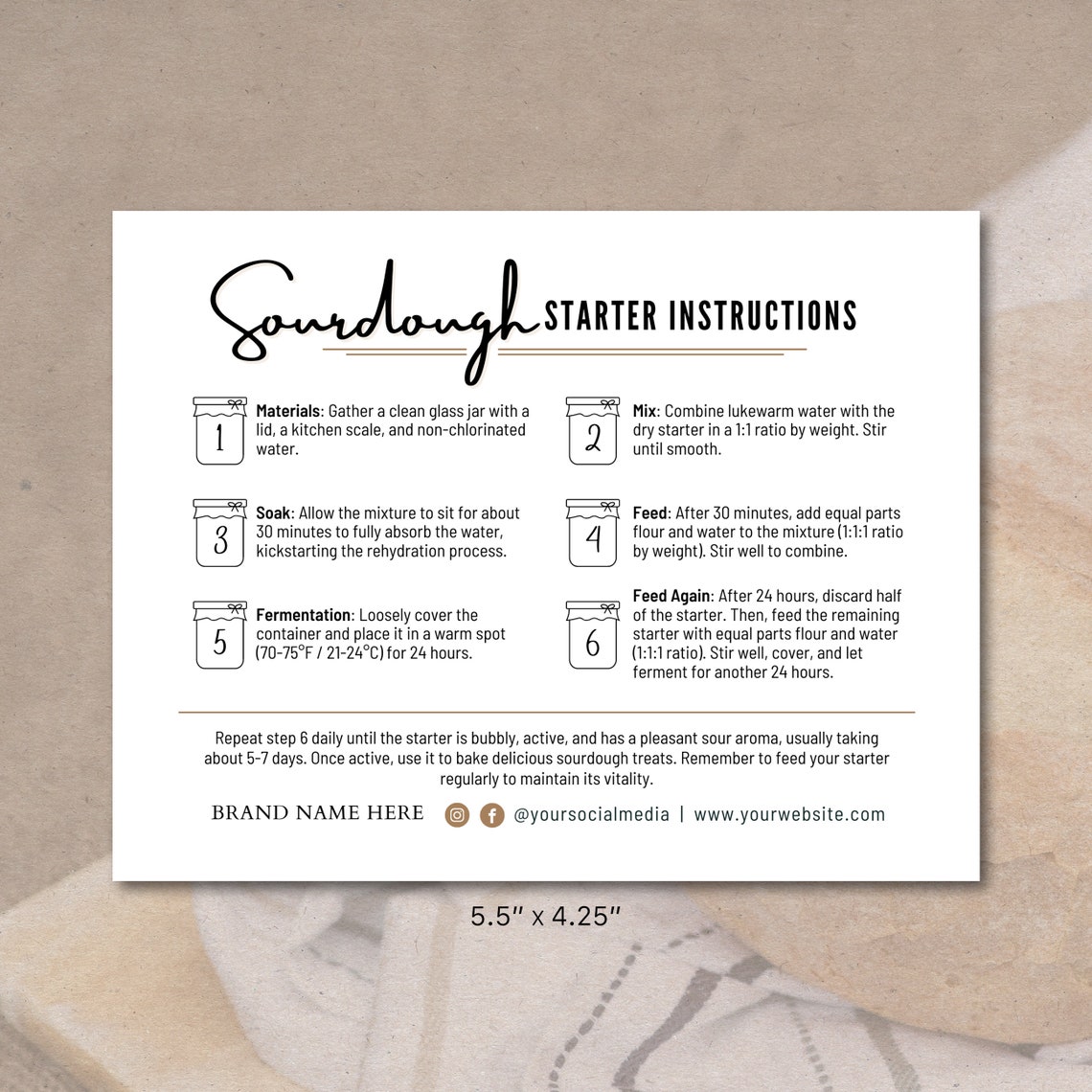 Sourdough Starter Instructions Printable Bakery Care Cards Minimalist ...
