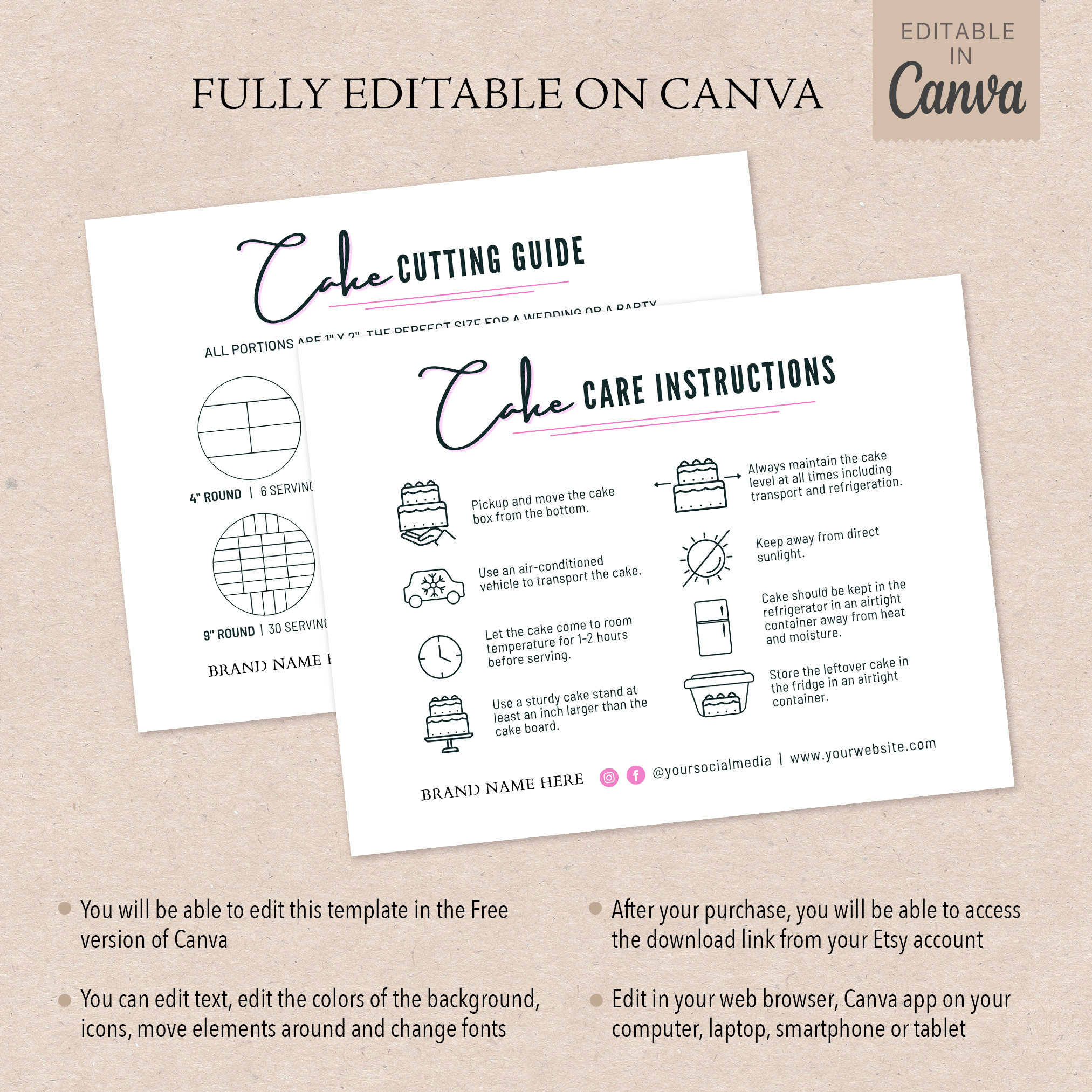 Cake Care Card Template Editable Cake Cutting Guide Cards Bakery ...