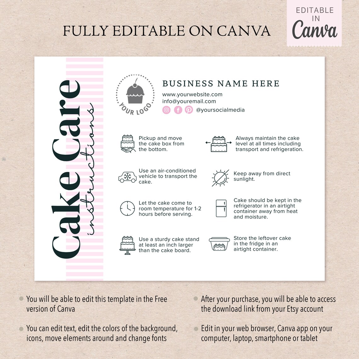 Cake Care Card Template | Bakery Packaging Inserts | Care Instructions ...