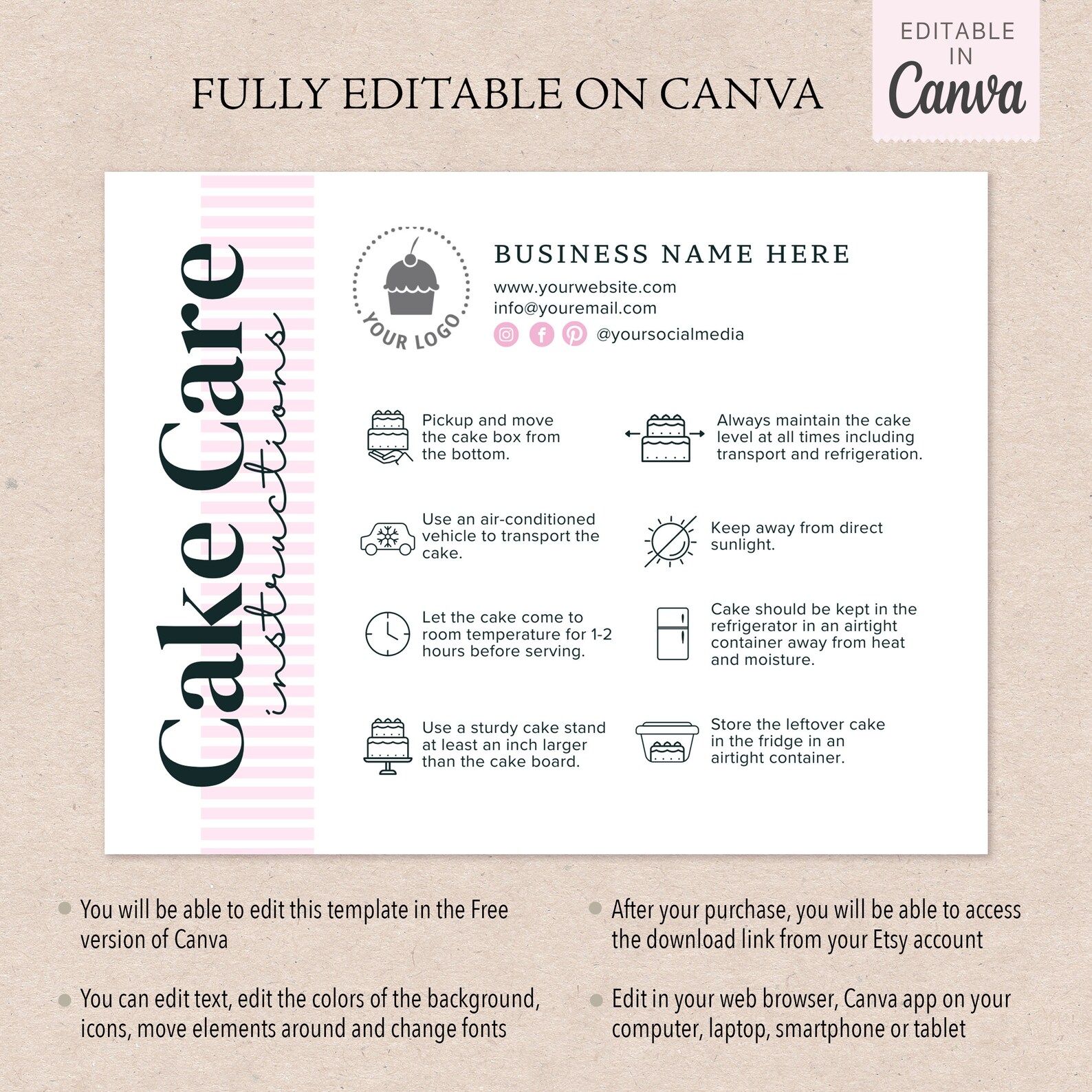 Cake Care Card Template | Bakery Packaging Inserts | Care Instructions ...