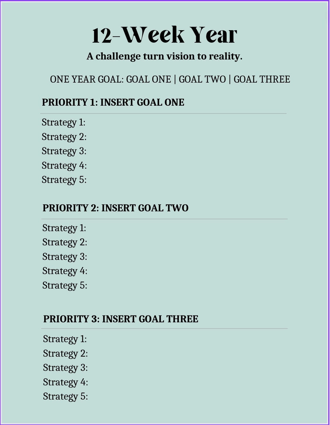 12 Week Year Downloadable Canva Template Productivity Tool Etsy