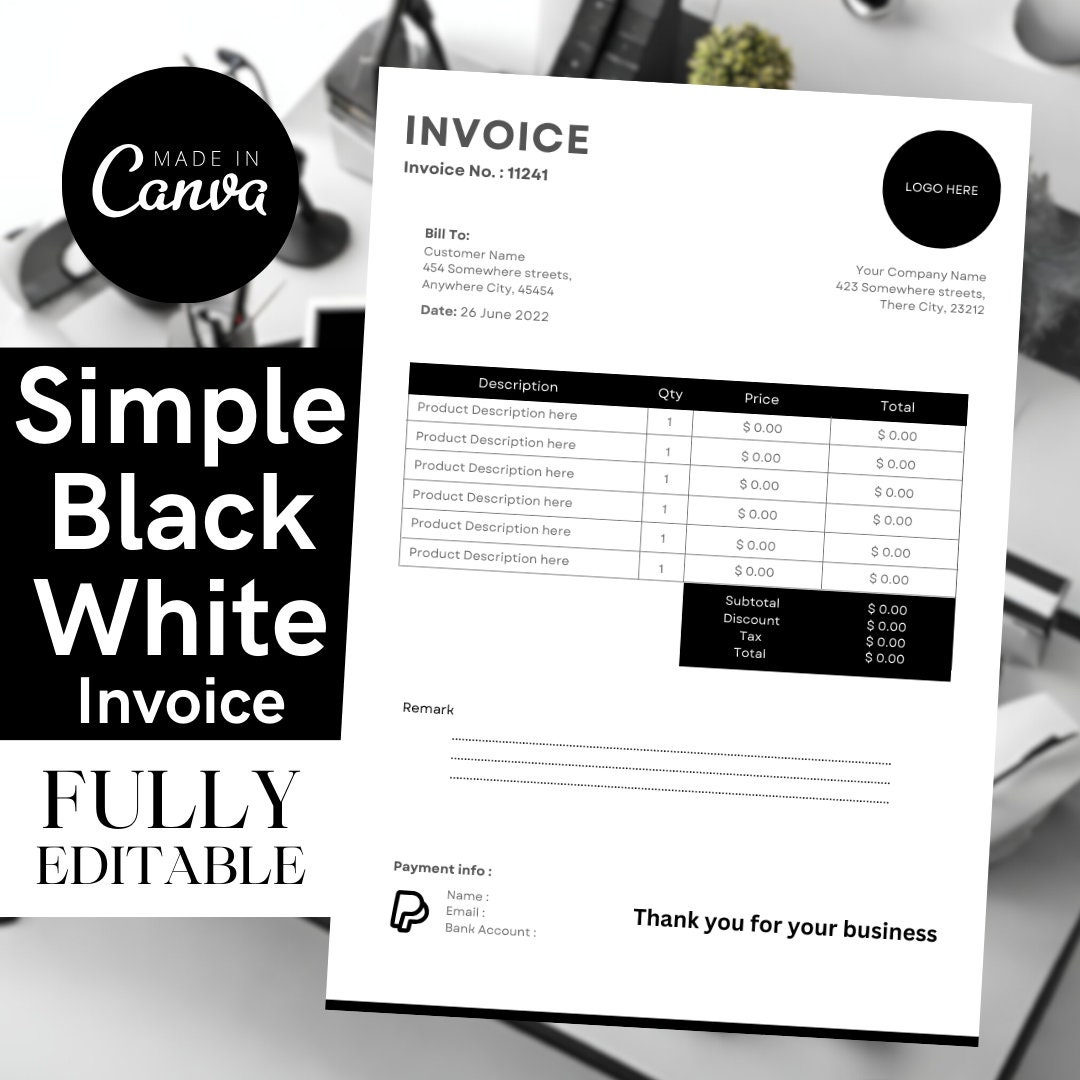 Cute Black Invoice Template for Small Business Invoice - Etsy