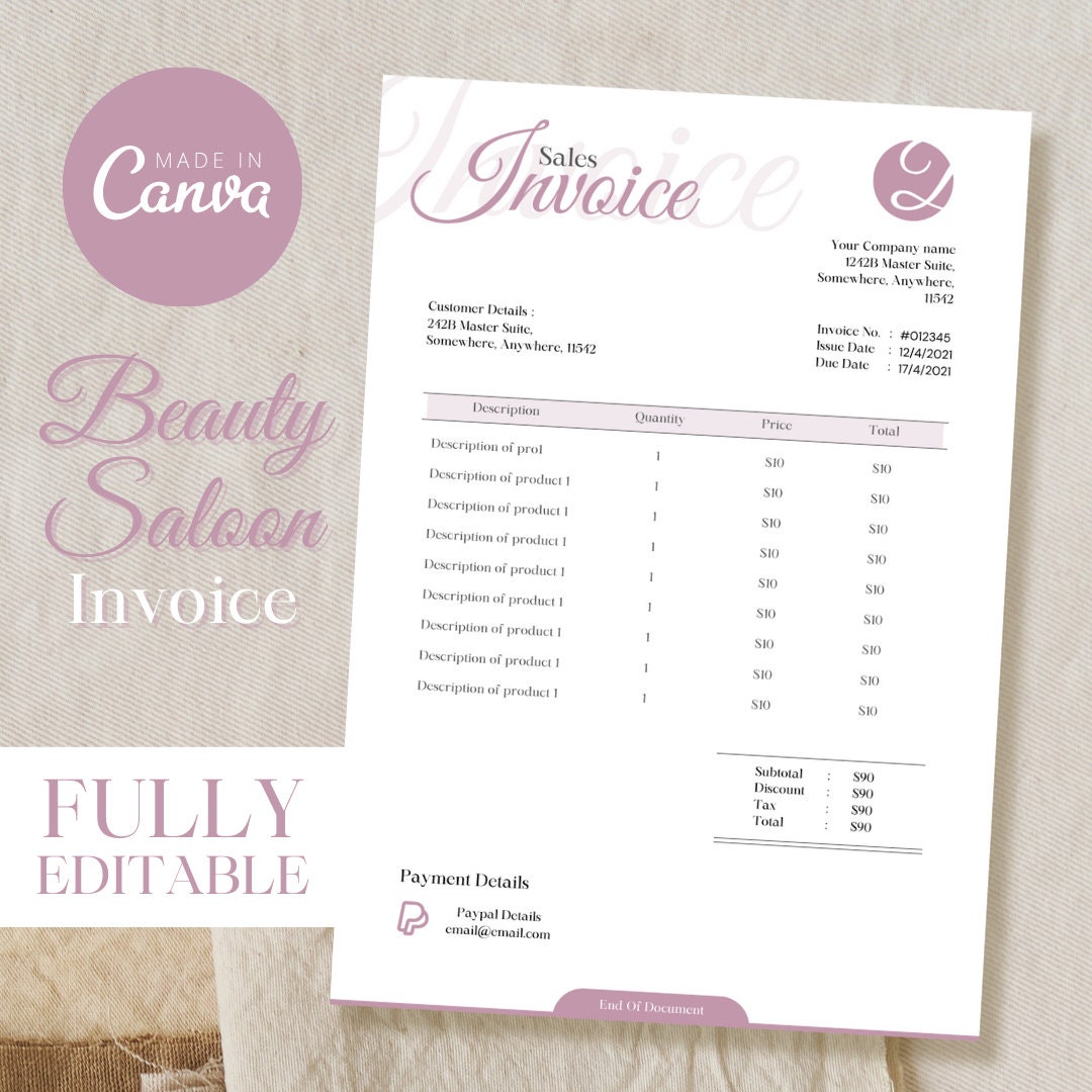 Cute Invoice Template for Saloon or Beautician, Small Business Invoice ...