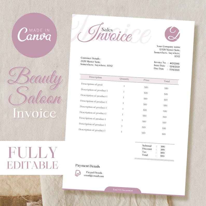 Cute Invoice Template for Saloon or Beautician, Small Business Invoice ...
