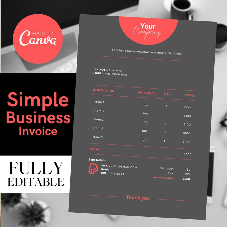 Cute Grey Orange Simple Invoice Template for Small Business - Etsy