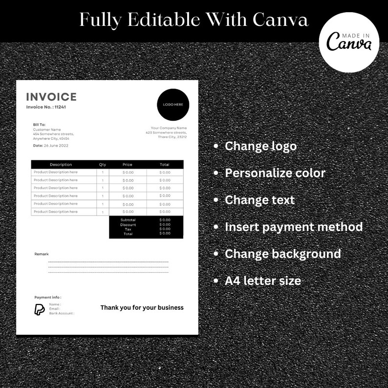 Cute Black Invoice Template for Small Business Invoice - Etsy
