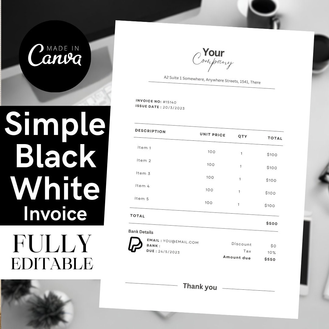 Cute Black Simple Invoice Template for Small Business - Etsy
