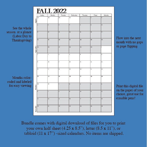 Printable Fall 2022 Seasonal Calendar Bundle - Etsy