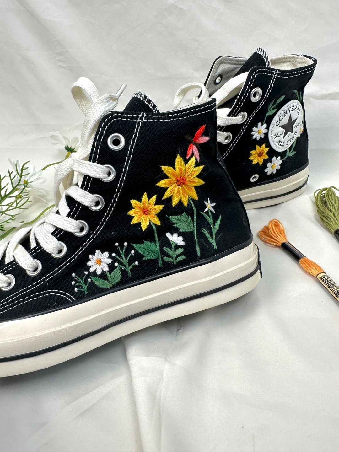 Custom Converse Floral/converse Hi Tops Embroidery/embroidered Converse ...