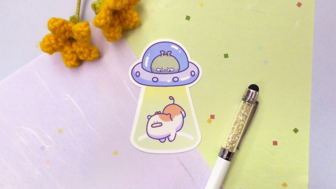 Cow Abduction / Cute UFO Space Alien Cow Laminated Die Cut Sticker ...