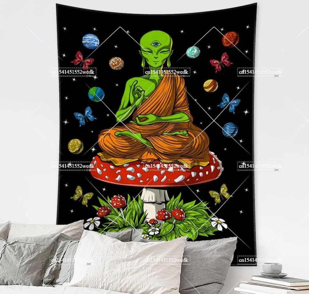 Alien Doing Yoga, Peace Space Shrooms Tapestry Trippy Faces and Colors ...