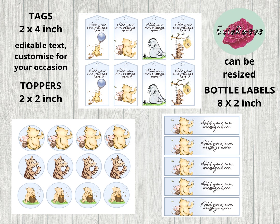 Blue Winnie Party Bundle, Winnie the Pooh Bottle Labels, Gift Tags ...