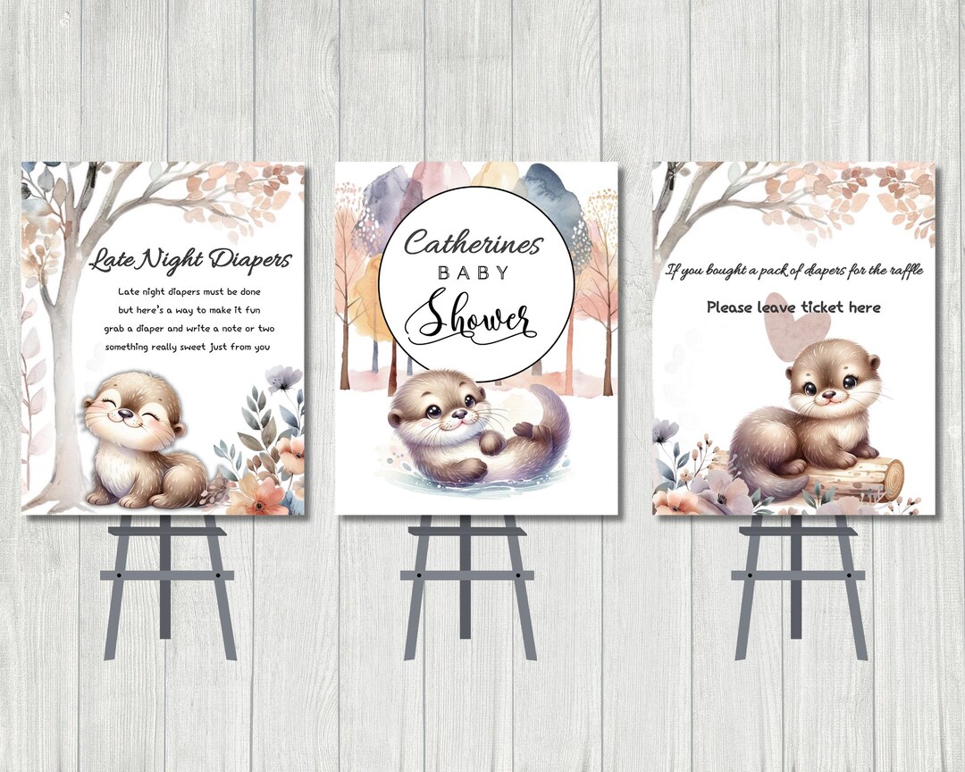 Otter Welcome Sign, Diaper Raffle Sign Bundle, Woodland Baby Shower ...