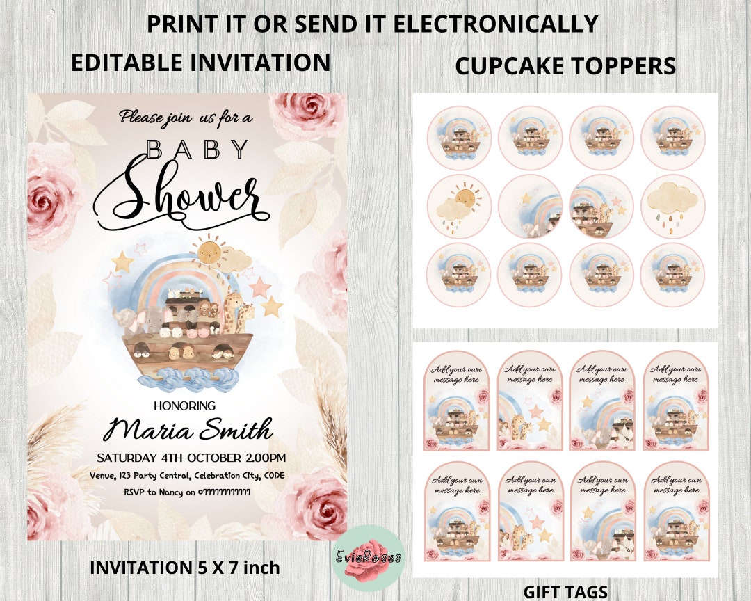 Noahs Ark Bundle, Editable Invite, Gift Tags and Cake Toppers, Dusty ...