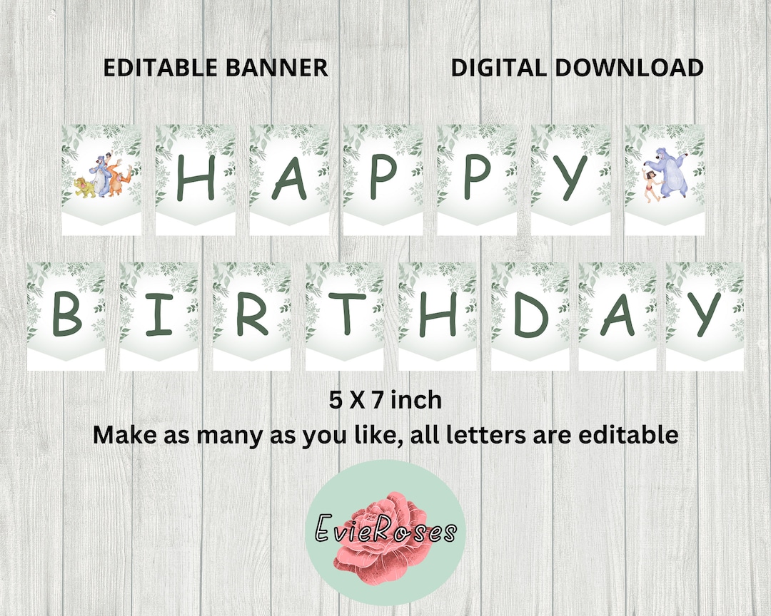 Jungle Animal Birthday Banner, Green Watercolor Party Decoration ...