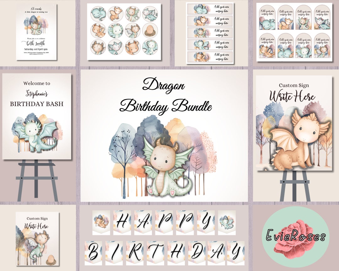 Mythical Creature Birthday Bundle, Colorful Boho Party Evite, Dragon ...